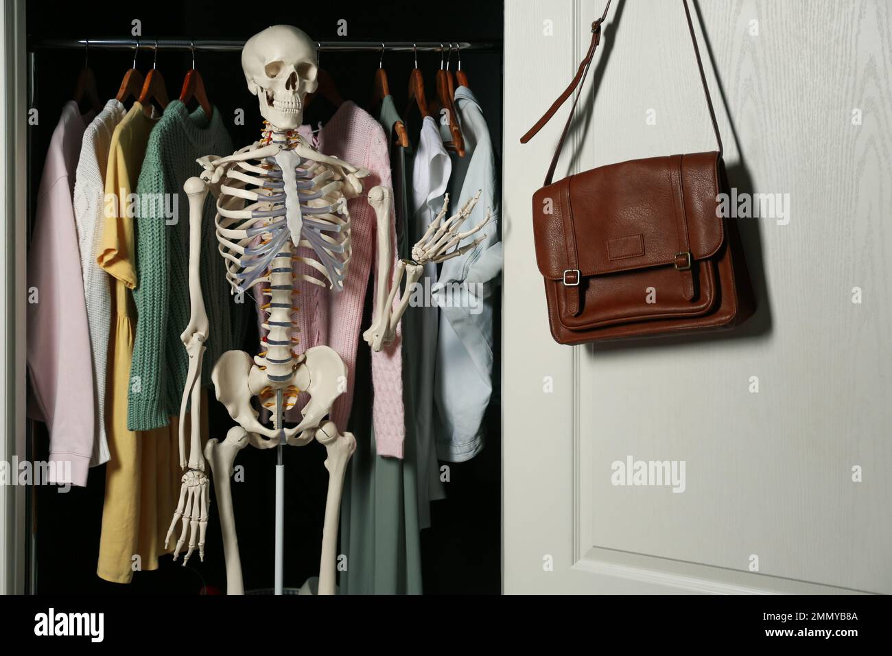 Artificial human skeleton model among clothes in wardrobe Stock Photo ...