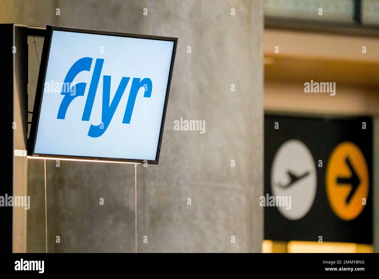 Gardermoen 20230130.The Flyr check-in desk at Oslo Airport. The airline ...