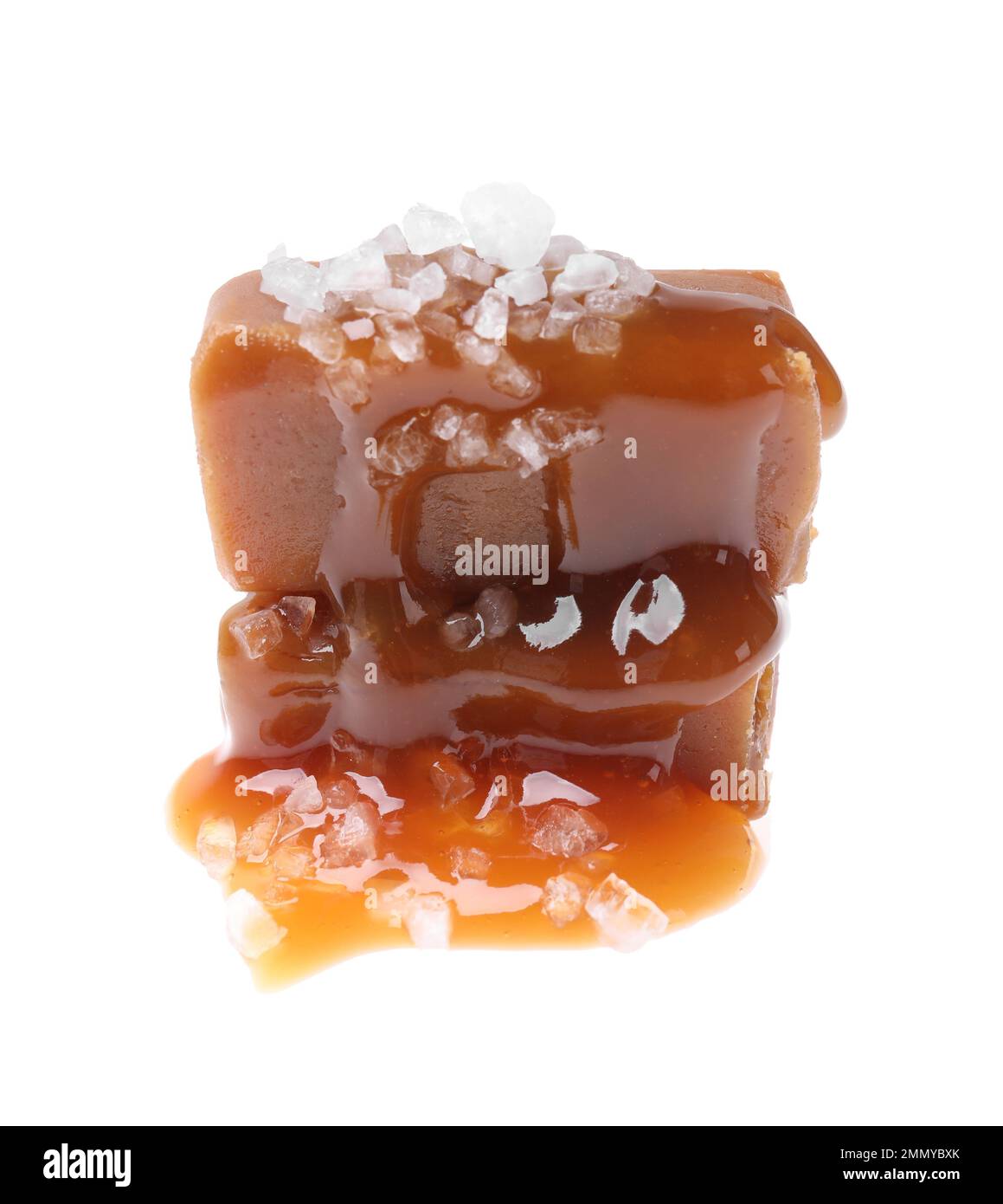 Delicious salted caramel with sauce on white background Stock Photo - Alamy