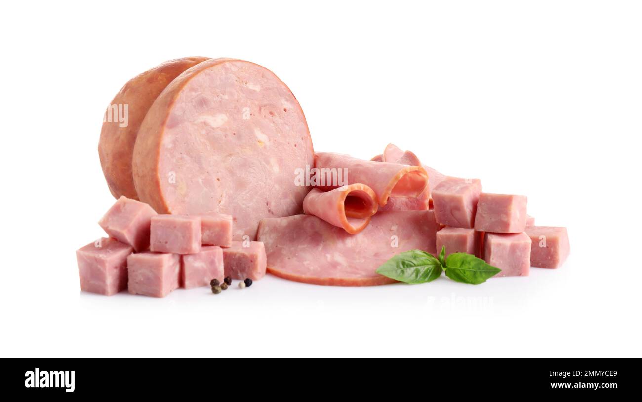 Tasty fresh ham with basil and pepper isolated on white Stock Photo - Alamy