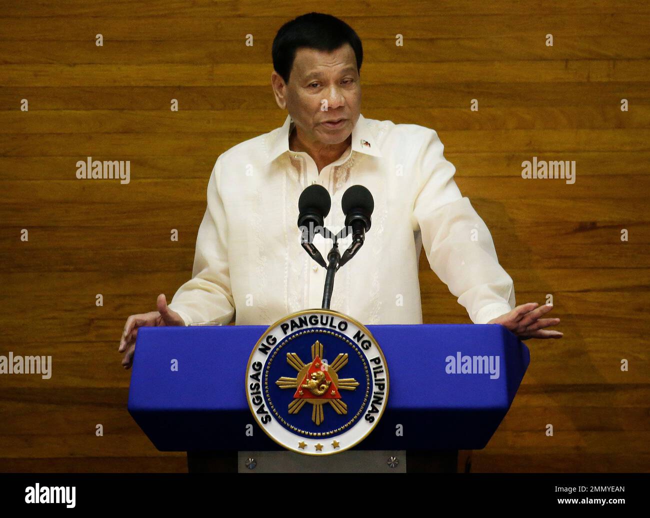 Philippine President Rodrigo Duterte gestures during his third State of ...