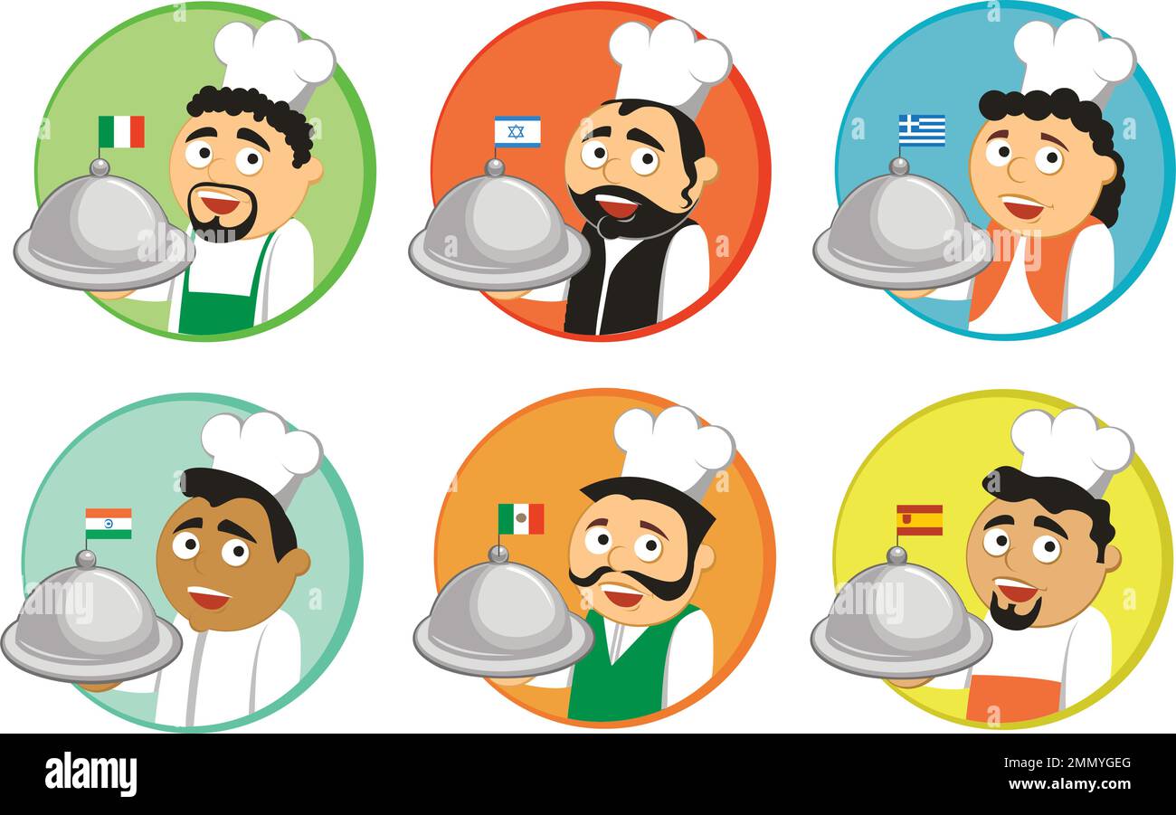 Traditional cook characters. Chef at different nationalities cooking ...
