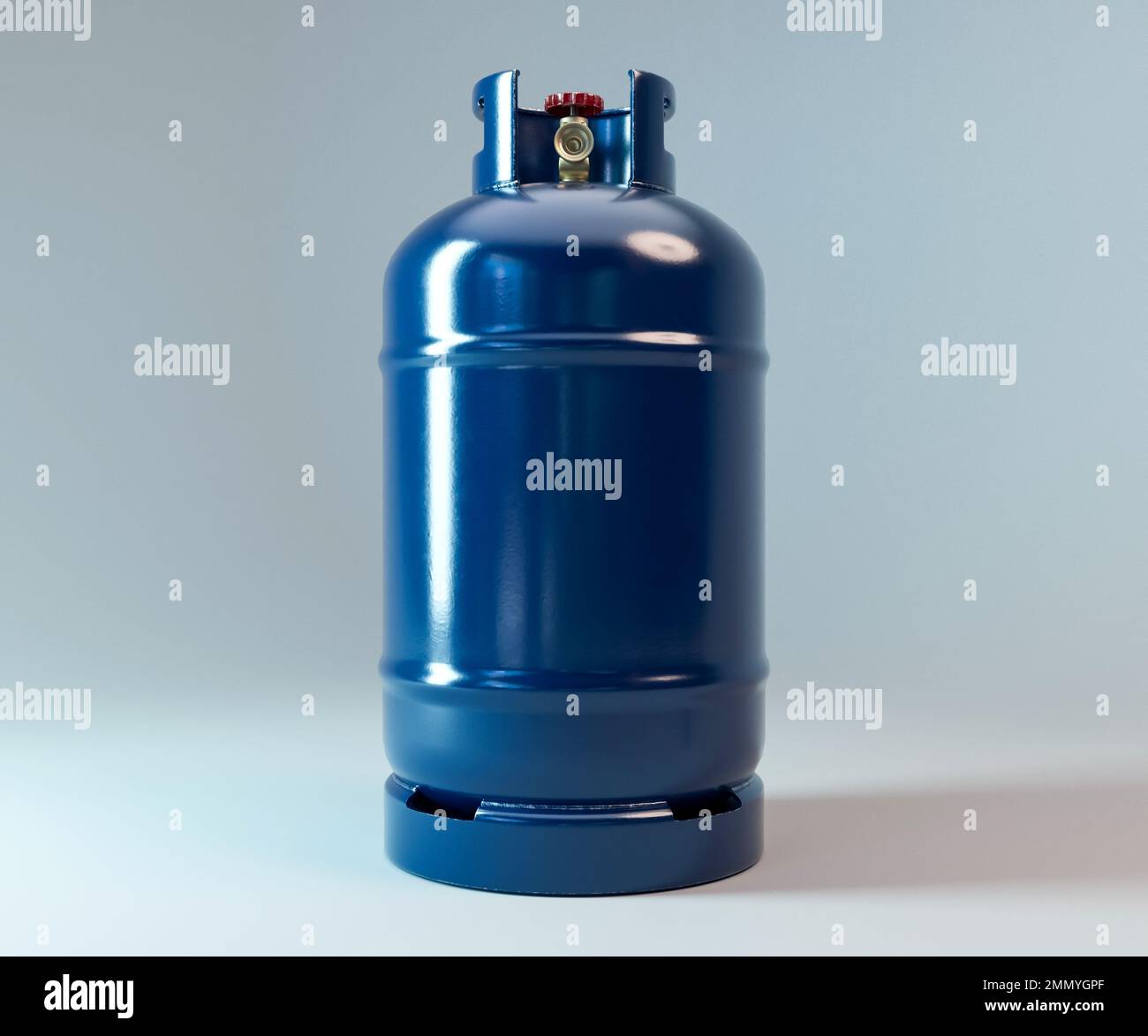 A generic metal gas cylinder with a bronze valve on an isolated white ...