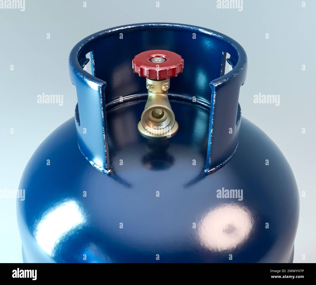 A generic metal gas cylinder with a bronze valve on an isolated white ...