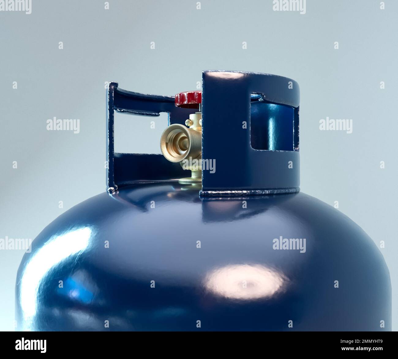 A generic metal gas cylinder with a bronze valve on an isolated white ...