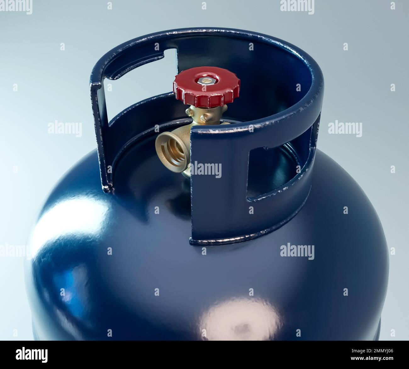 A generic metal gas cylinder with a bronze valve on an isolated white ...