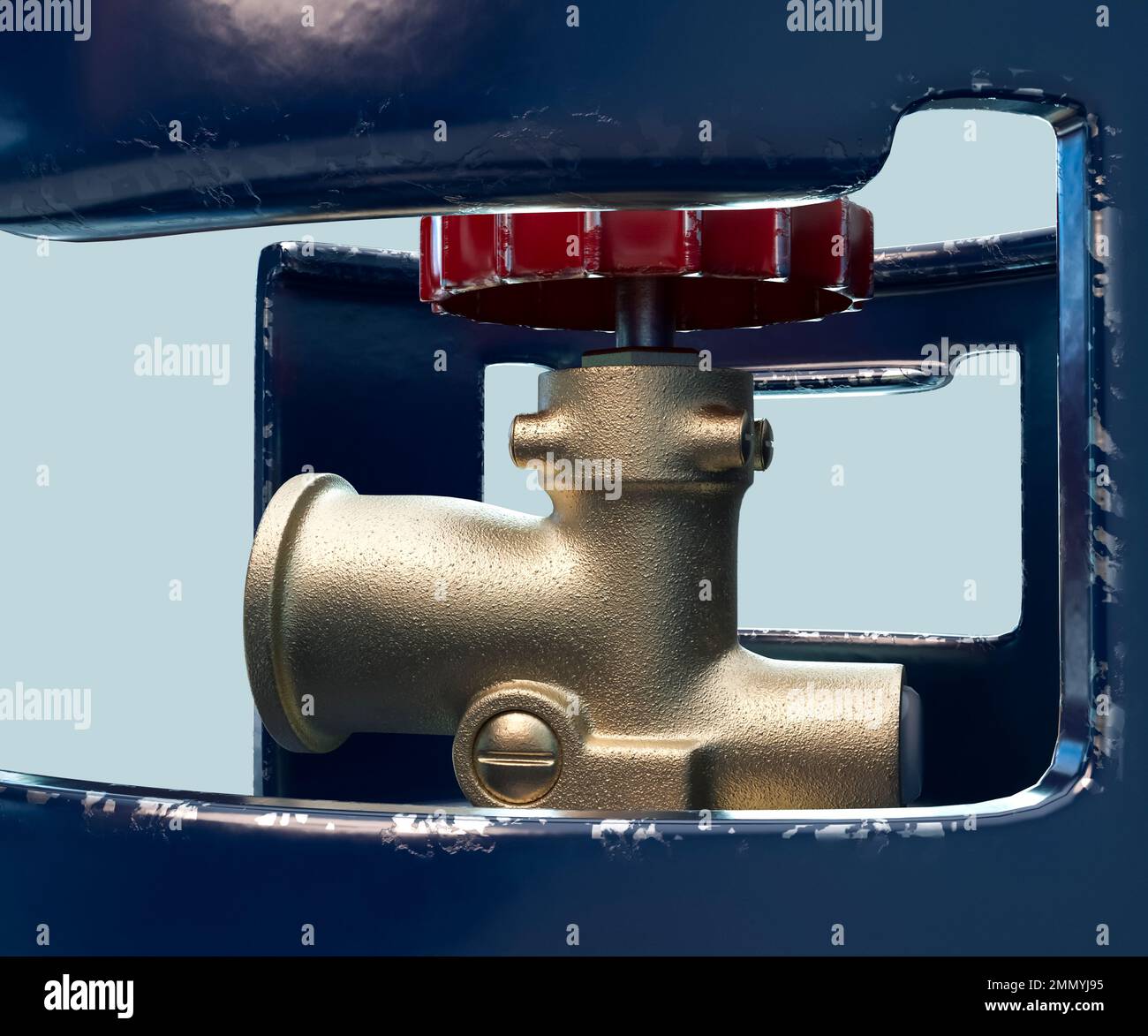 A generic metal gas cylinder with a bronze valve on an isolated white ...