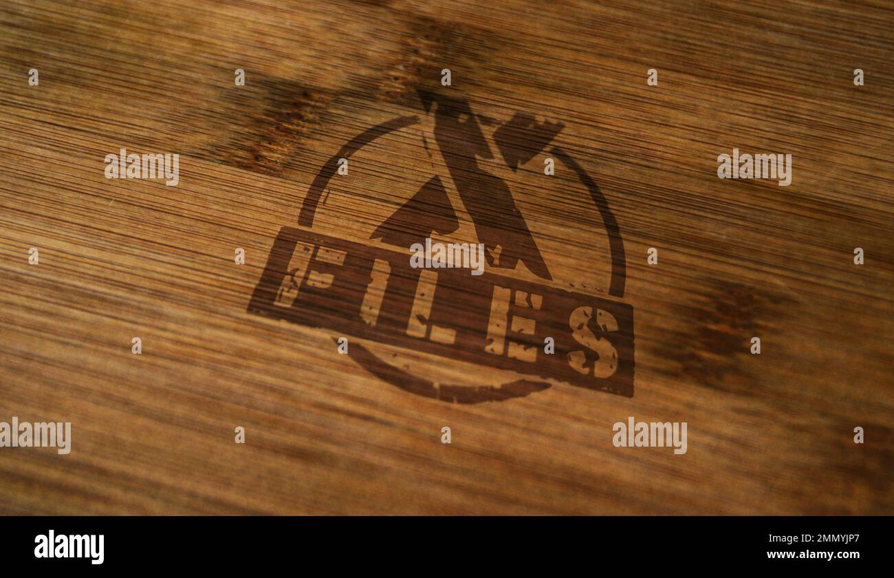 X Files stamp printed on wooden box. Secret mystery investigation and ...
