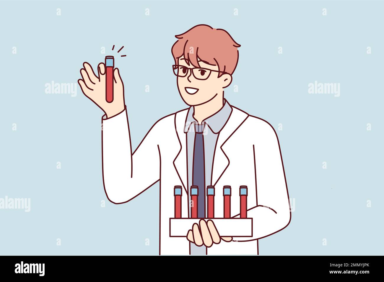 Young man scientist in white coat holds test tubes with blood samples ...