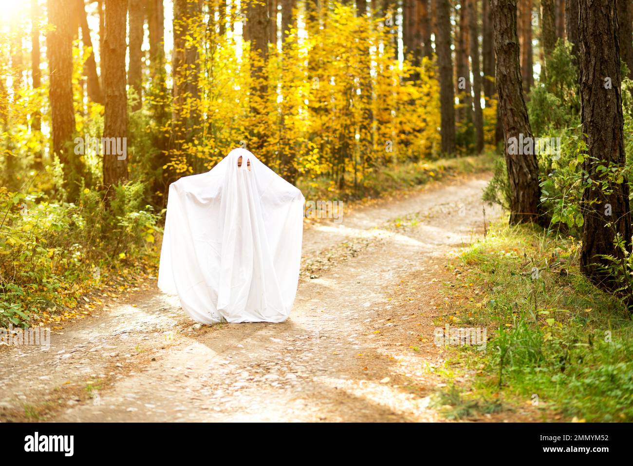A child in sheets with slits like a ghost costume in an autumn forest ...