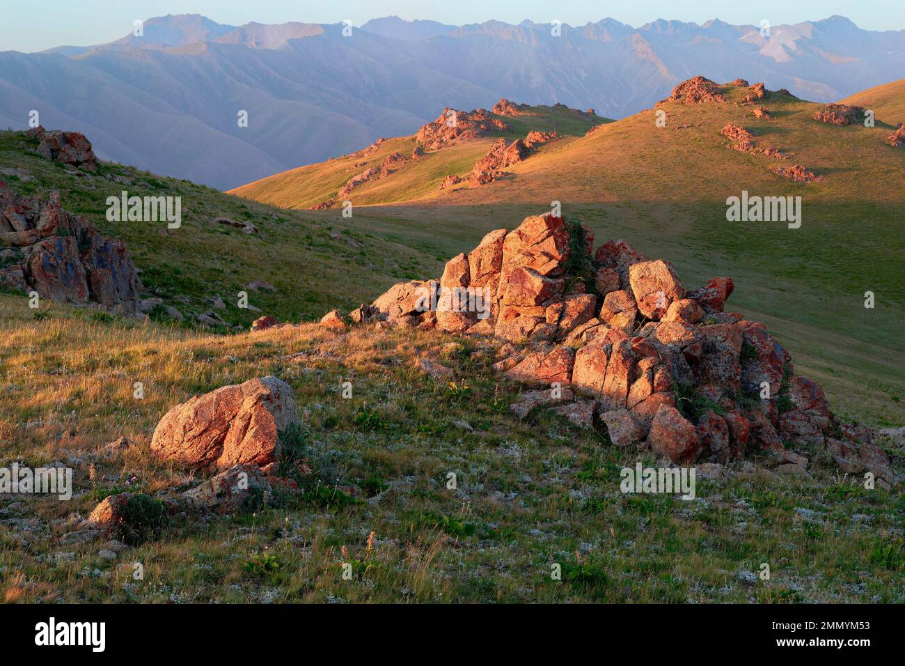 Granite Rocks at sunset near Song Kol Lake, Naryn Province, Kyrgyzstan ...
