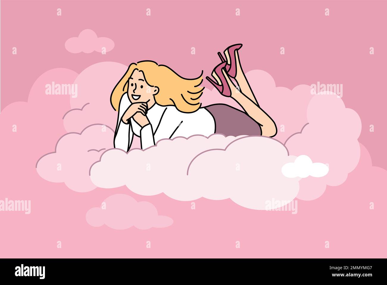 Smiling young woman lying on cloud dreaming or visualizing. Happy female up in air daydreaming ...