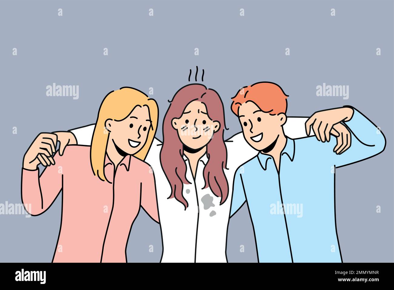 Supportive employees carry unhappy distressed female colleague ...