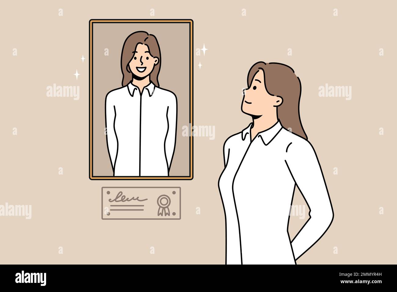 Happy young businesswoman look at picture of herself in frame hanging ...