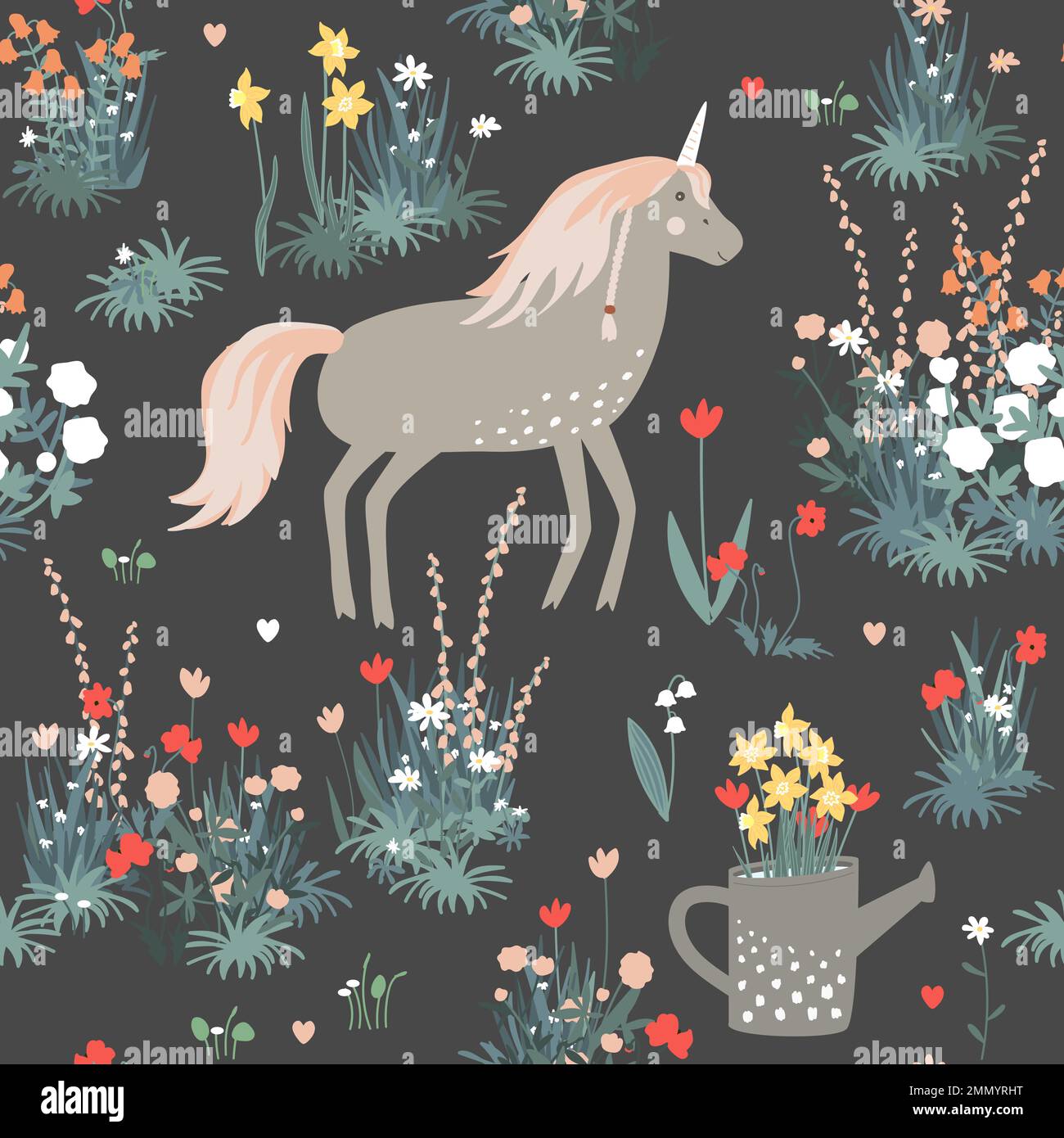 Magic seamless pattern with unicorn among spring flowers in fairy ...