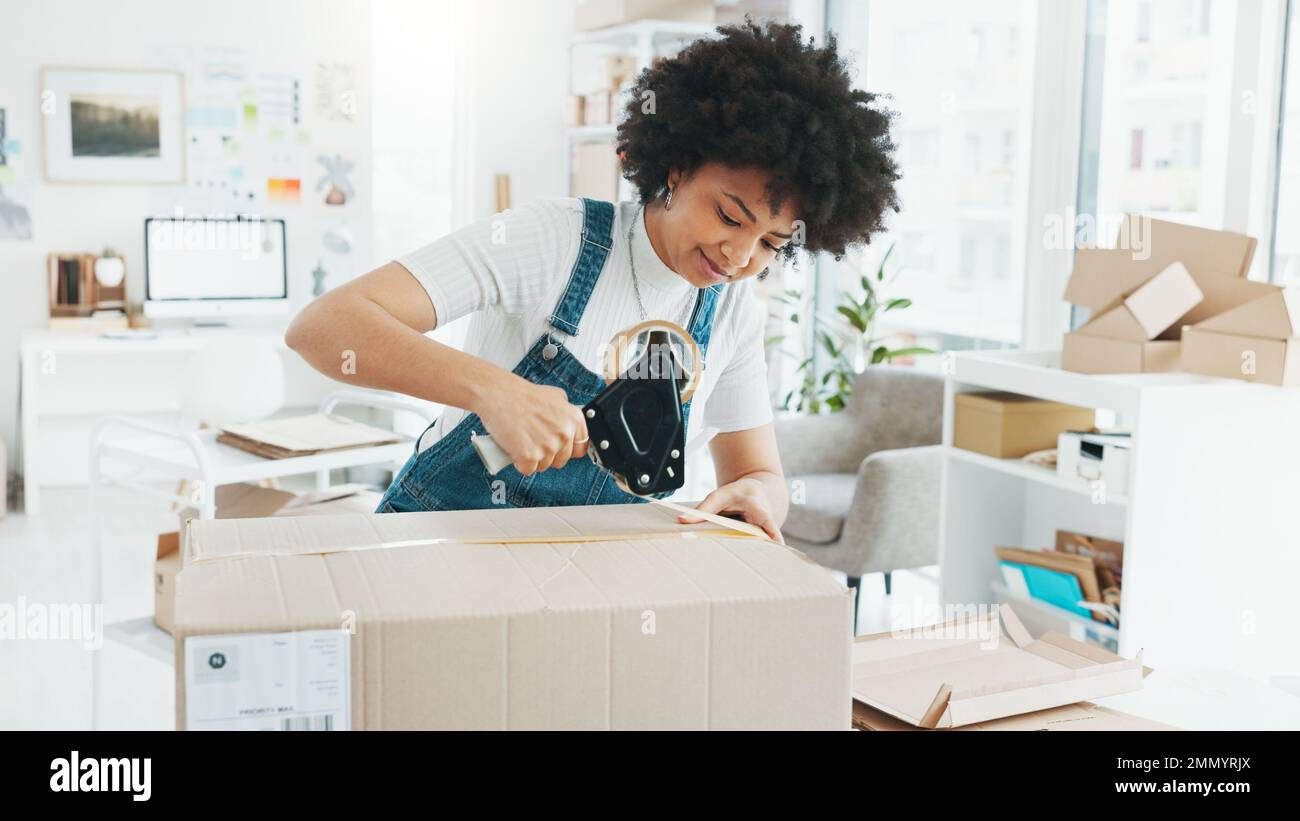 Woman packing box, package and cargo with tape for delivery, sale and ...