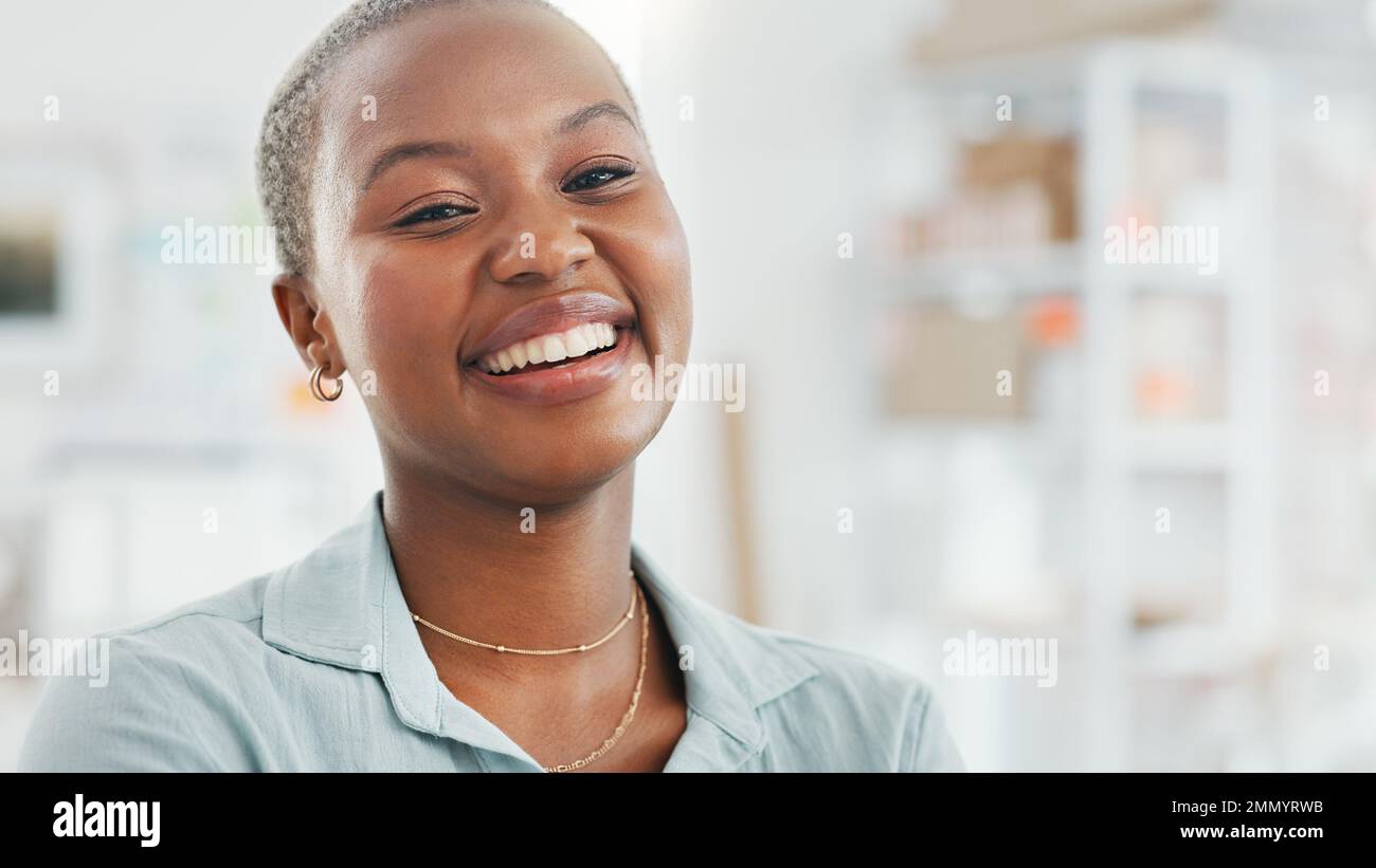 Happy, proud and laughing business woman thinking and looking confident ...