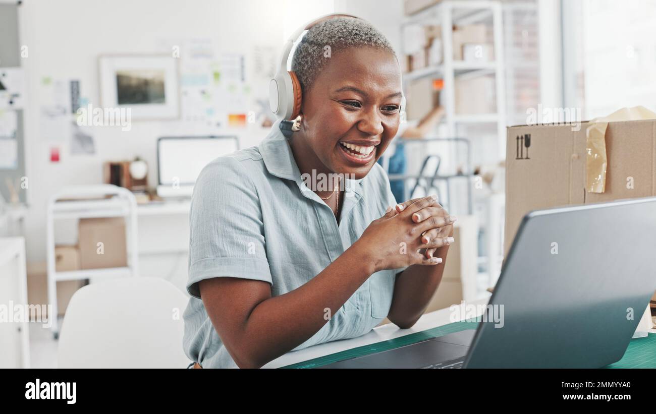 E commerce, laptop and girl on video call communication talking about ...