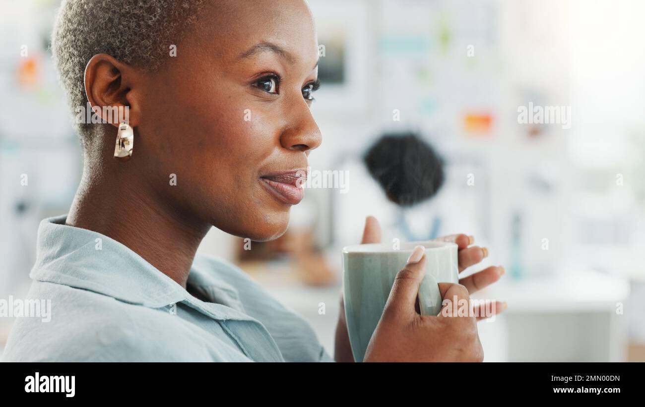 Black woman drink coffee, thinking and relax in work office remember ...
