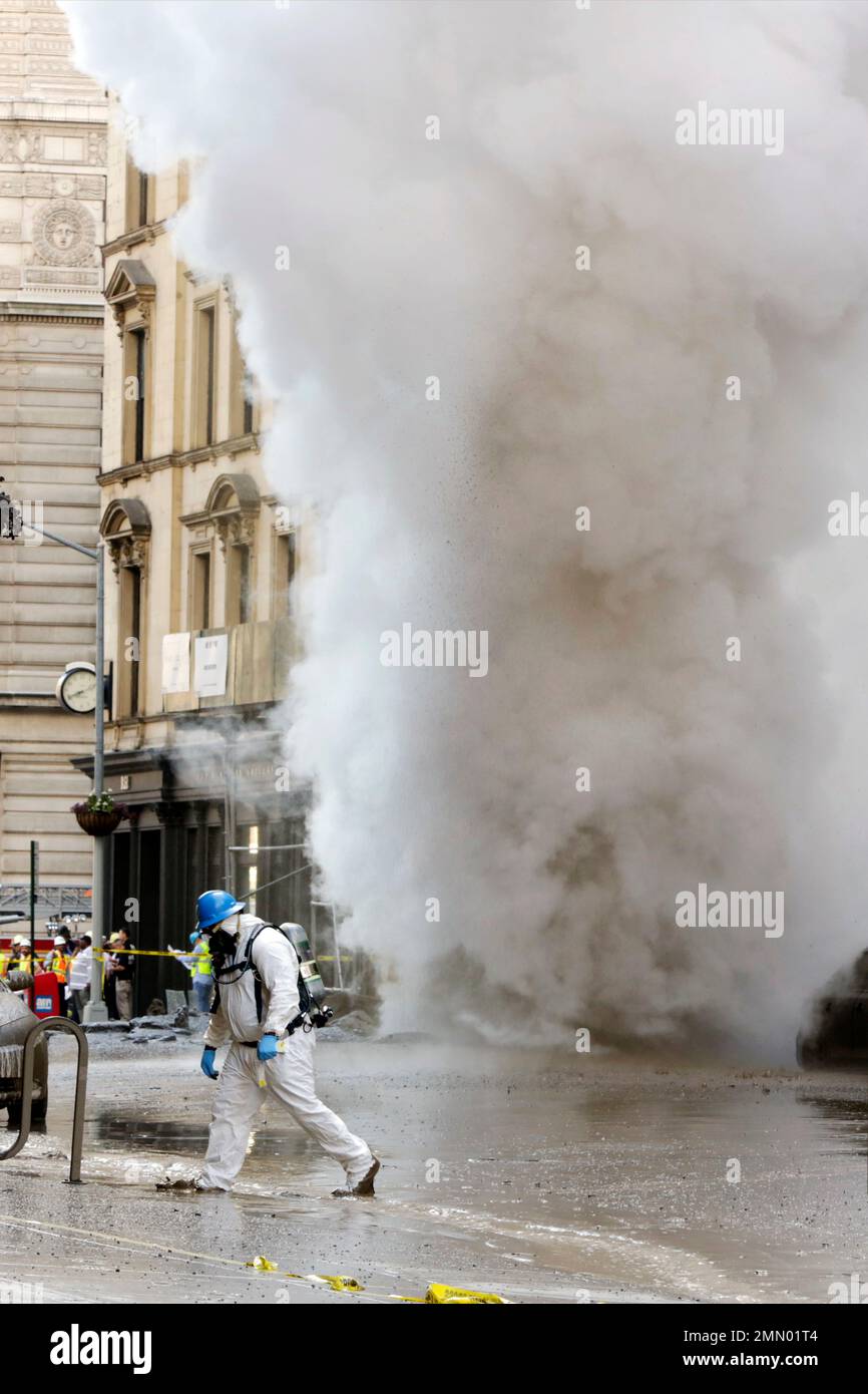 Steam billows on New York's Fifth Avenue, Thursday, July 19, 2018. A ...