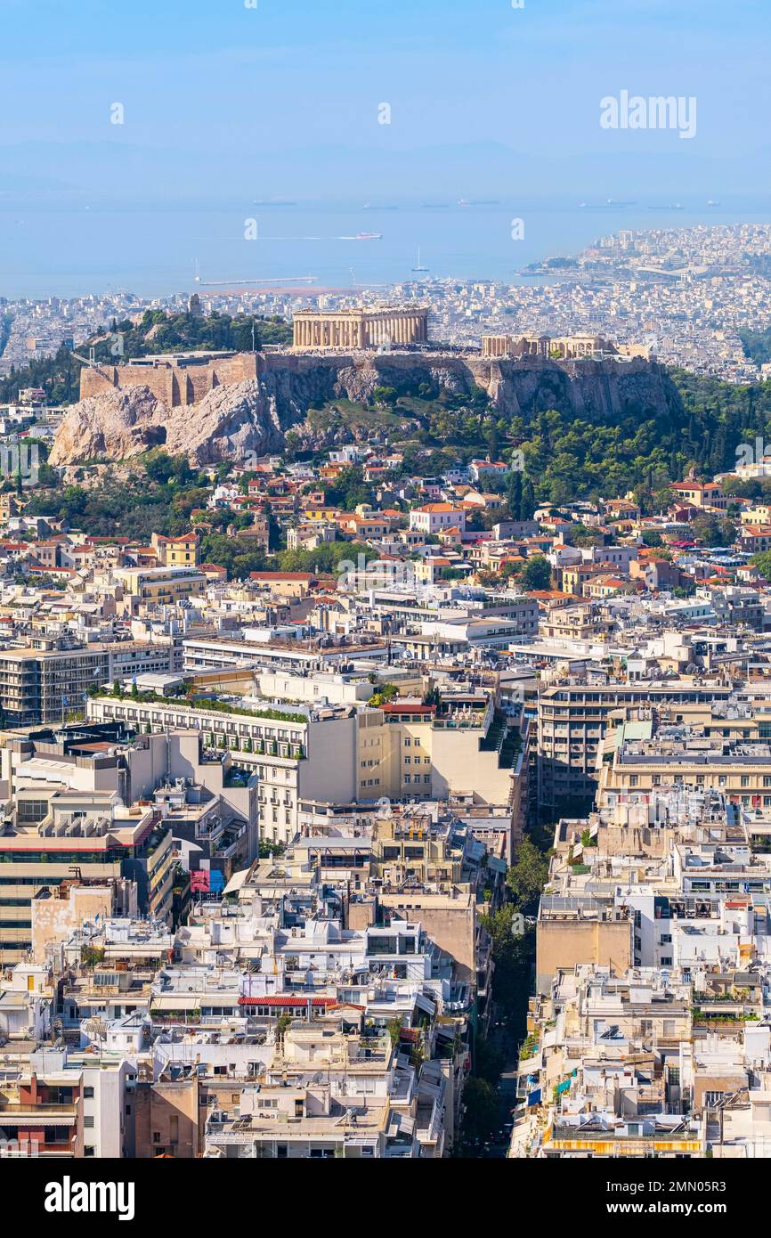 Greece, Athens, panorama from the Lycabette hill, the Acropolis in the ...