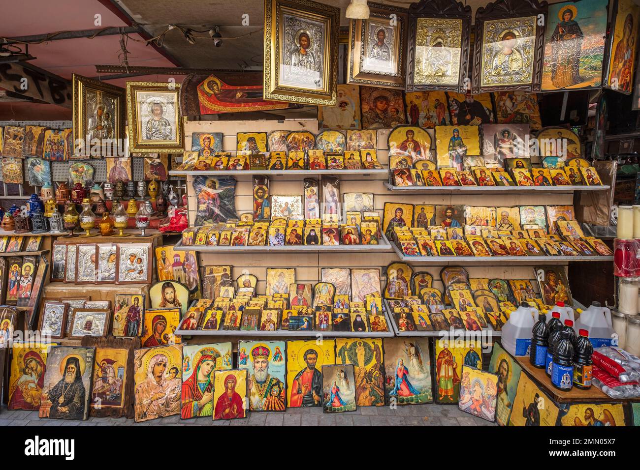 Greece, Athens, lively neighborhood of Monastiraki, orthodox icons shop ...