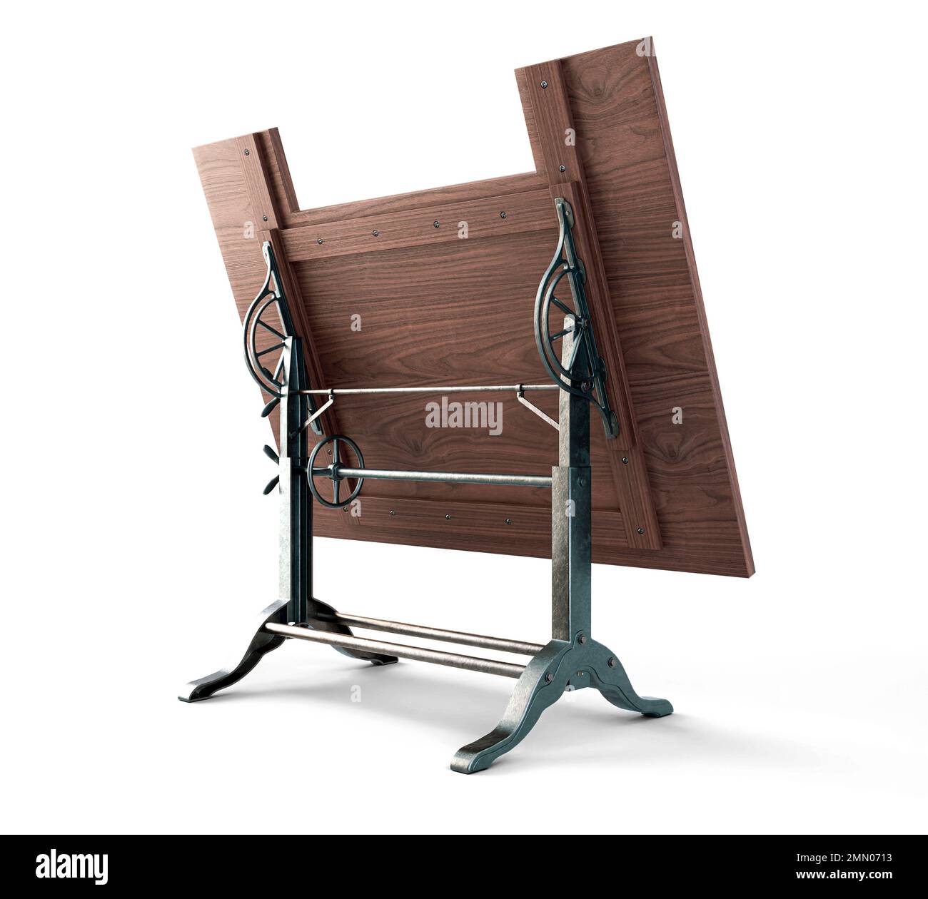 An ornate vintage metal and wood drafting table on an isolate white ...