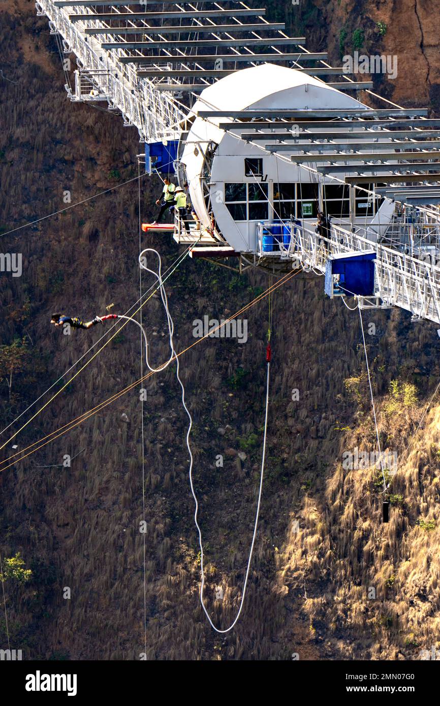 Nepal, Parbat district, Kusma, suspension bridge, bungee jumping Stock ...