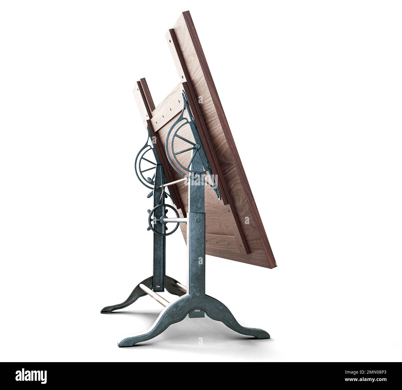 An ornate vintage metal and wood drafting table on an isolate white ...