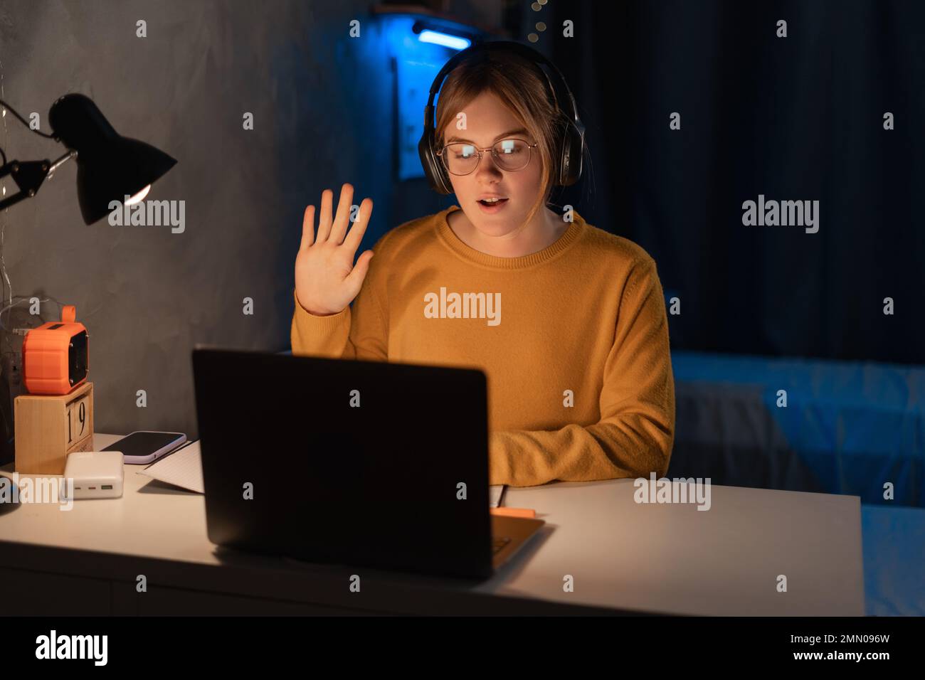 Concentrated young student using computer for studying and video call ...
