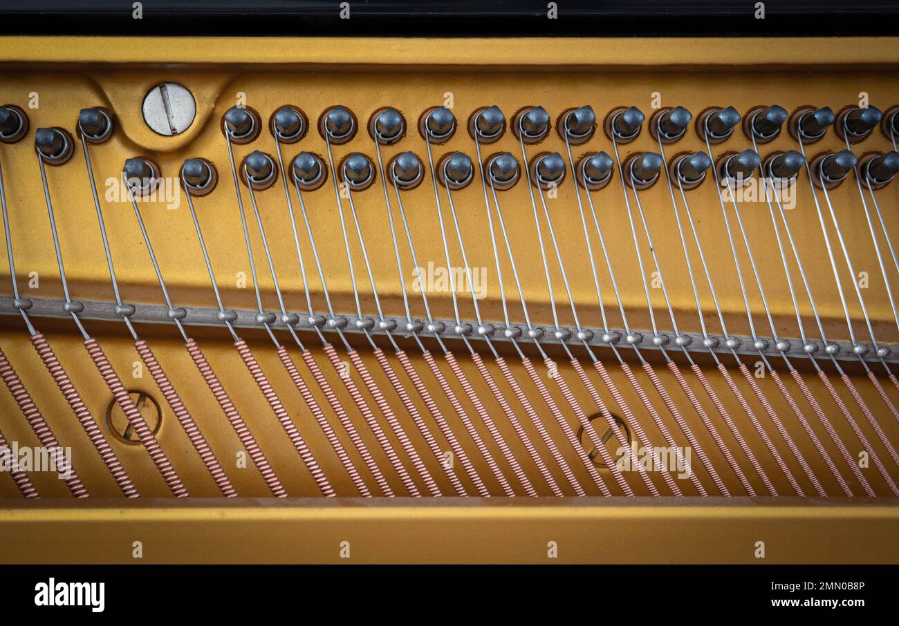 Details of piano mechanism gavel - string, pins and hammers, piano from ...
