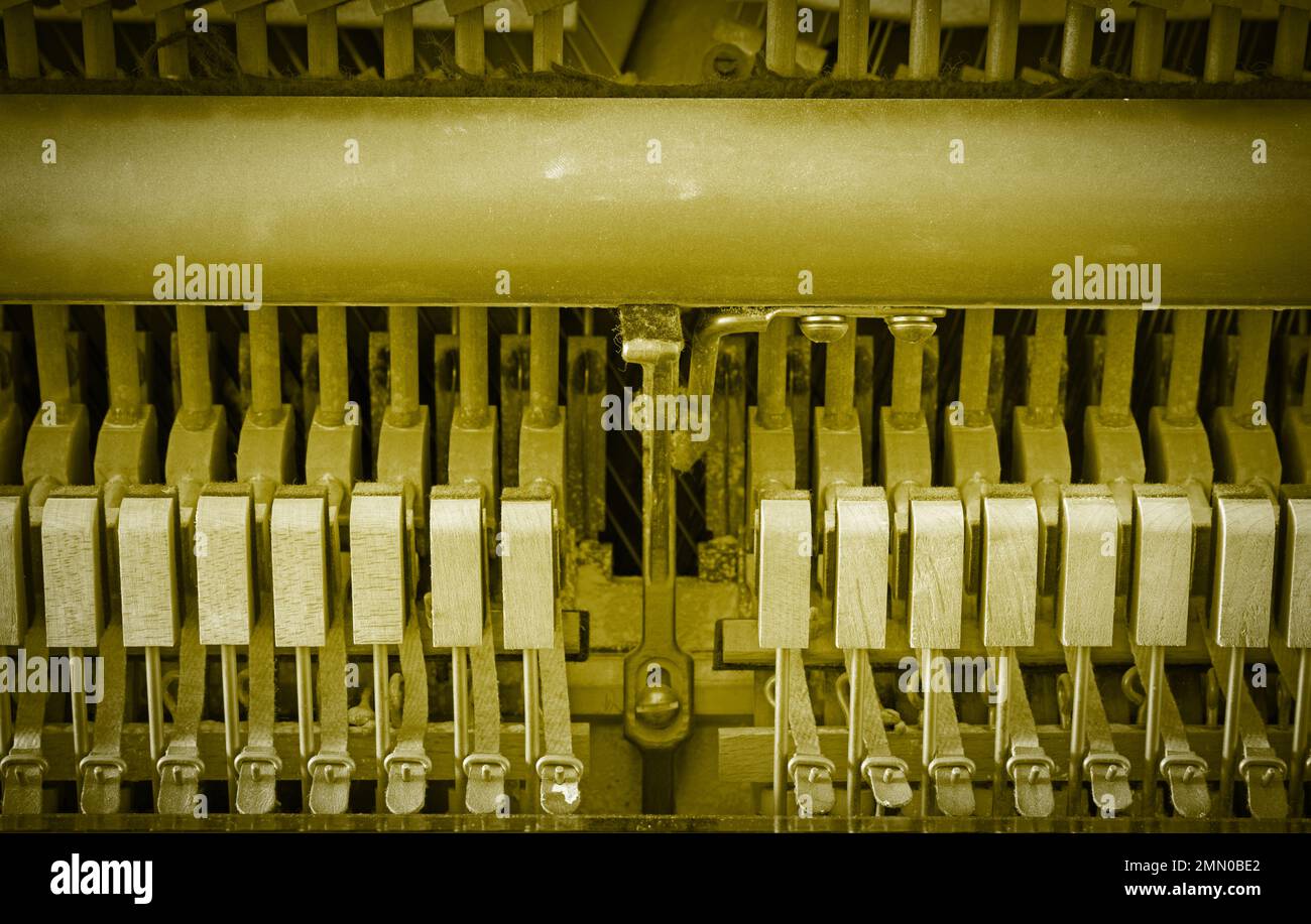 Details of piano mechanism gavel - string, pins and hammers, piano from ...
