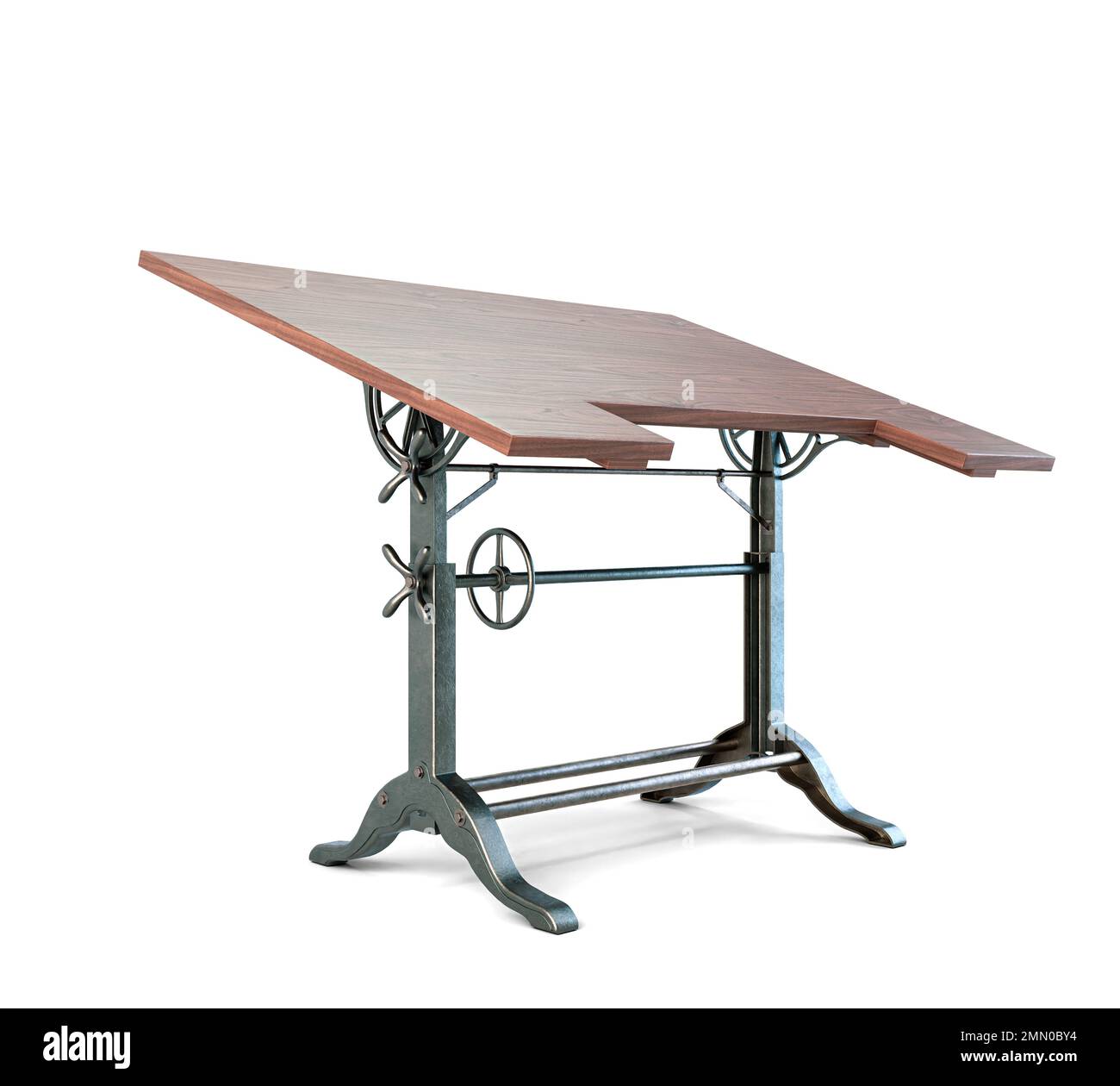 An ornate vintage metal and wood drafting table on an isolate white ...