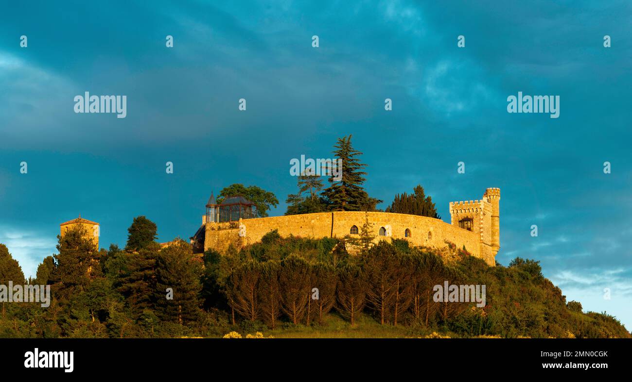 France, Aude, Rennes le Chateau, ramparts and tower in Rennes le ...