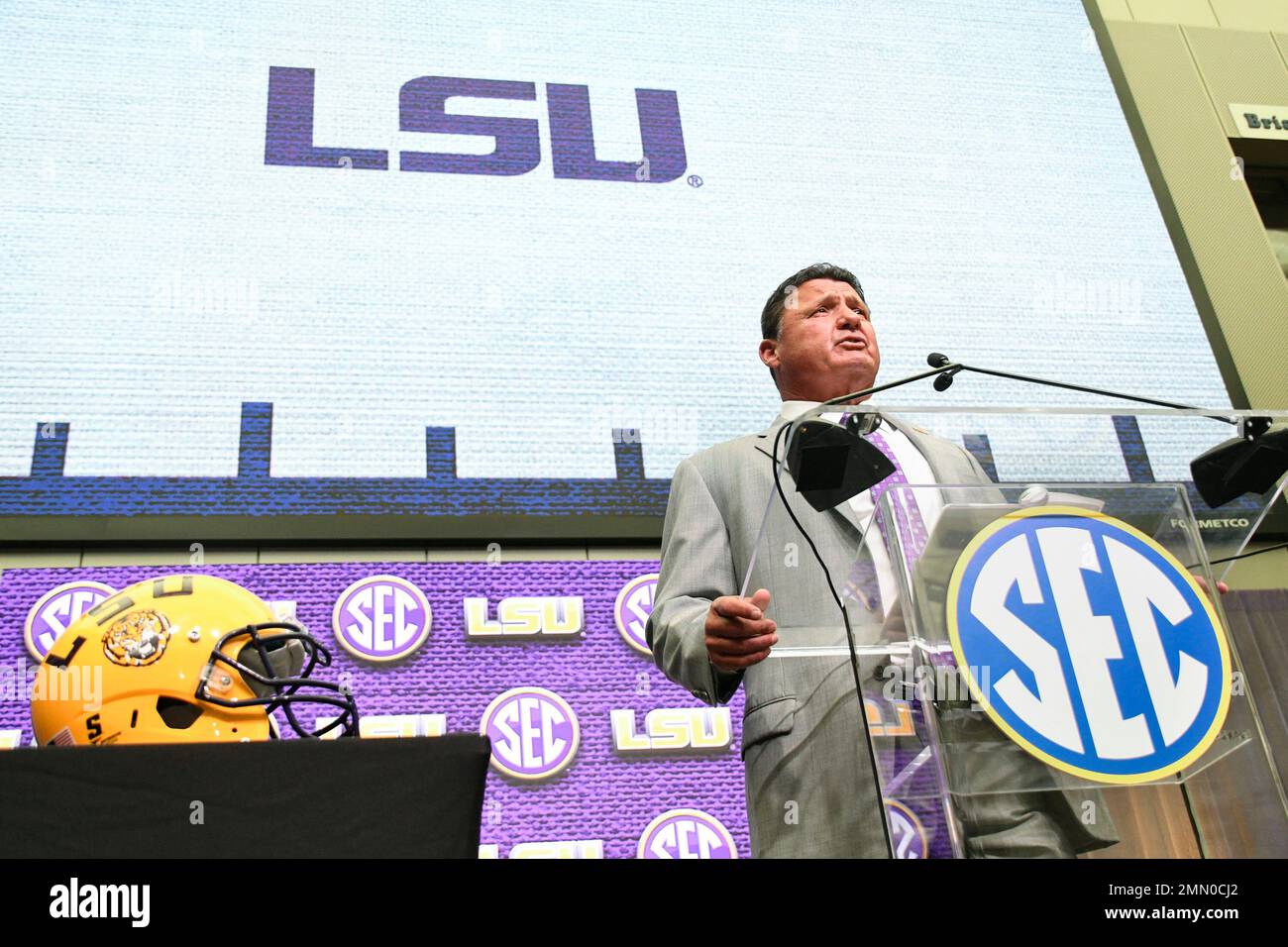 LSU head coach Ed Orgeron speaks during NCAA college football Southeastern Conference media days ...