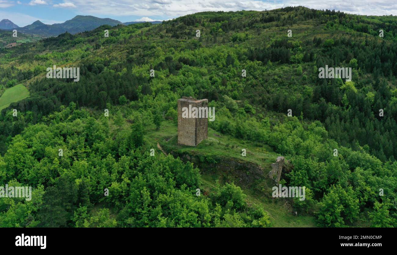 France, Aude, Fa, Fa tower, aerial view of a medieval tower in lush ...