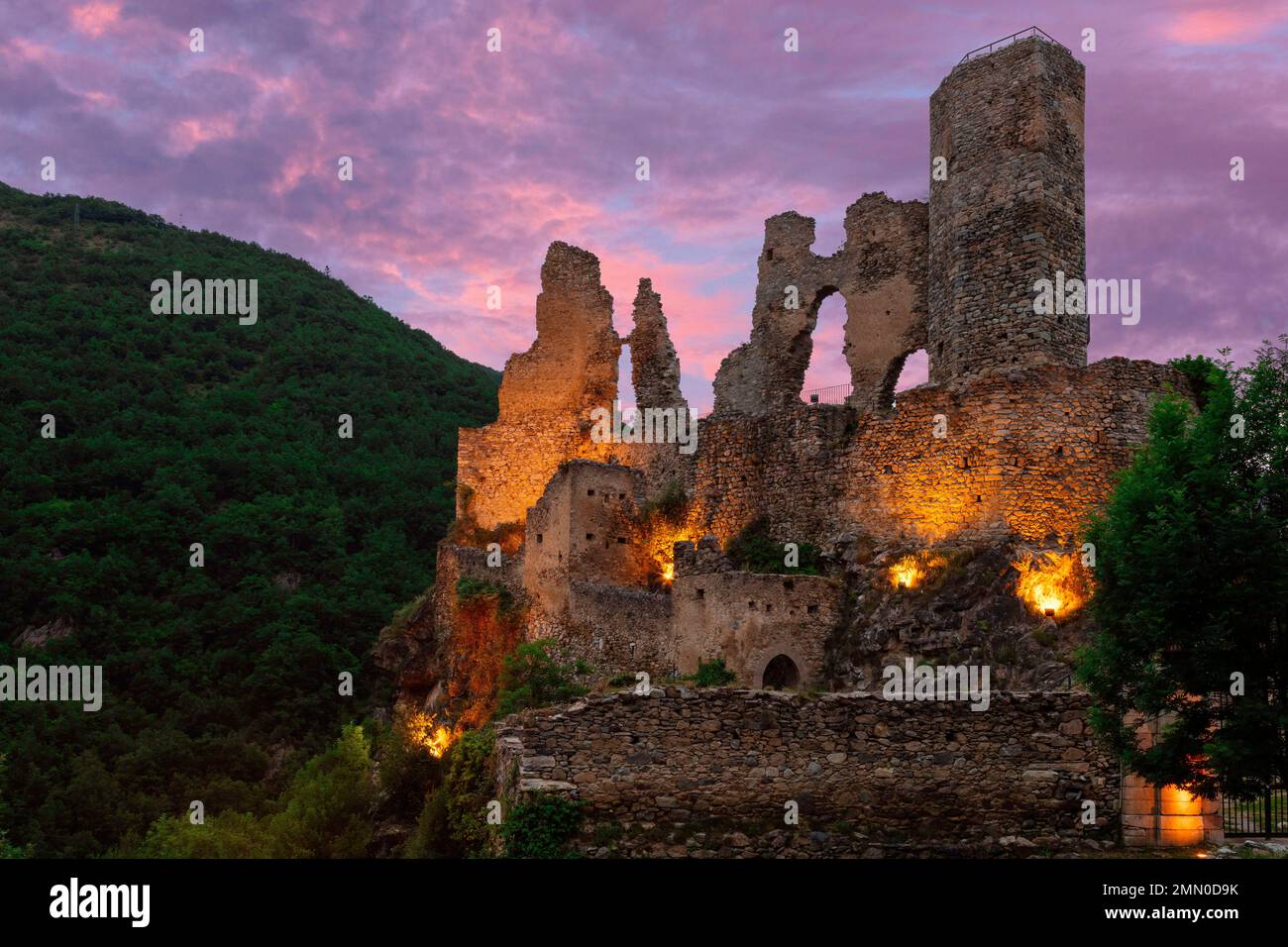 France, Ariege, Donezan, Rouze, night view of the Château d'Usson ...