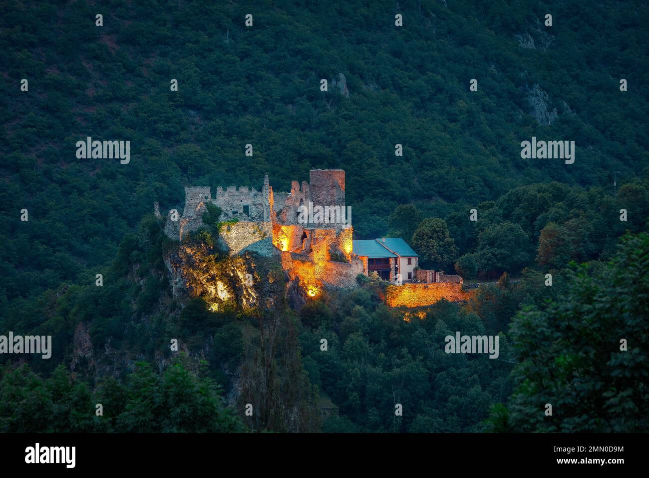 France, Ariege, Donezan, Rouze, night view of the Château d'Usson ...