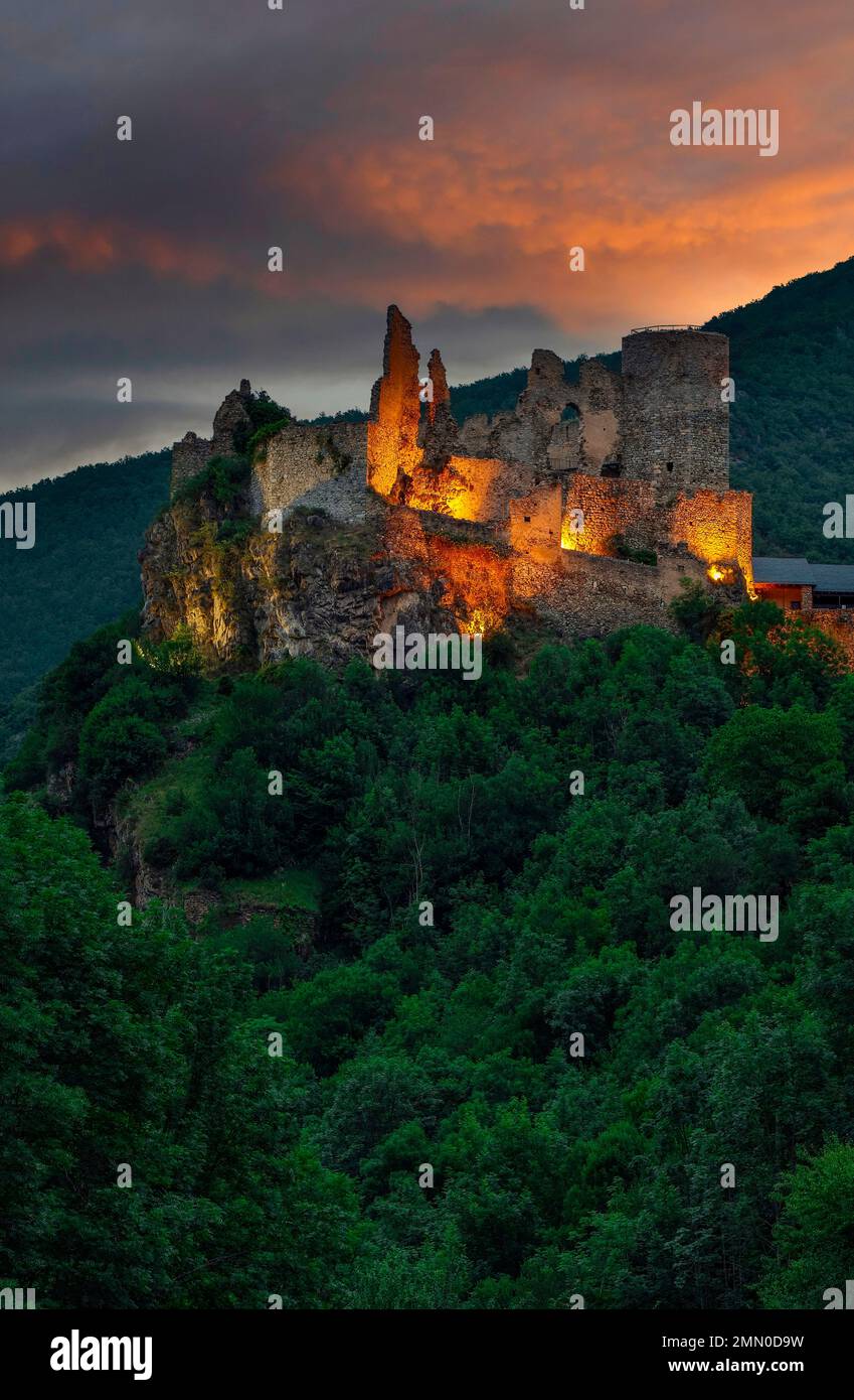 France, Ariege, Donezan, Rouze, night view of the Château d'Usson ...