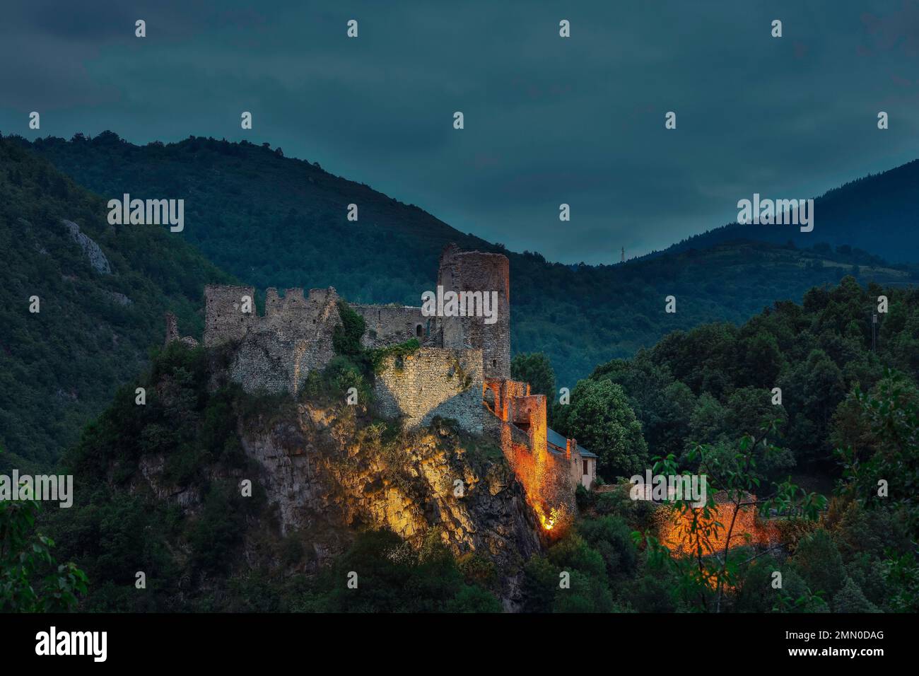 France, Ariege, Donezan, Rouze, night view of the Château d'Usson ...