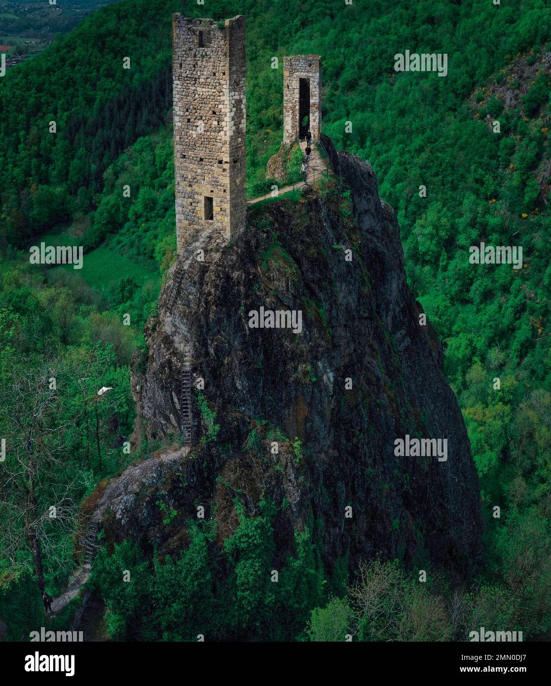 France, Aveyron, Peyruse le Roc, towers of an old castle built on a ...
