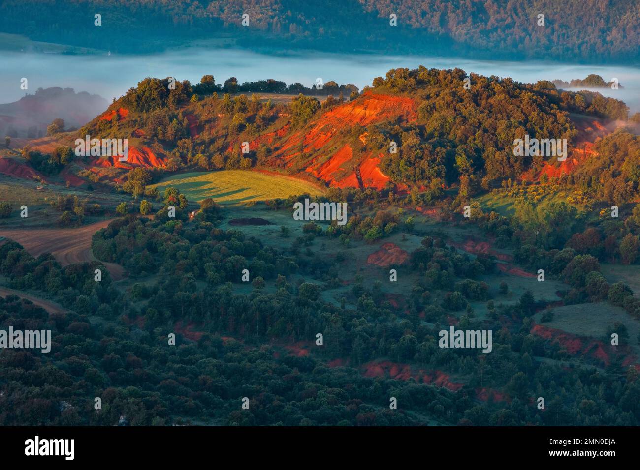France, Aude, Rennes le Chateau, mountainous landscape at sunrise in a ...