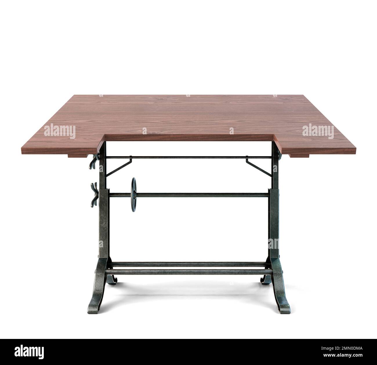 An ornate vintage metal and wood drafting table on an isolate white ...