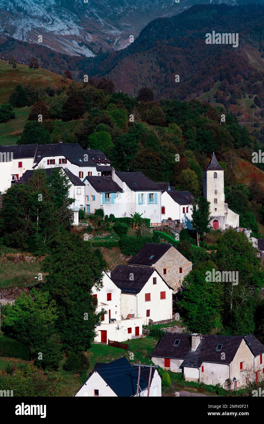 France, Pyrenees Atlantiques, Bearn, Aydius, view of a white village on ...
