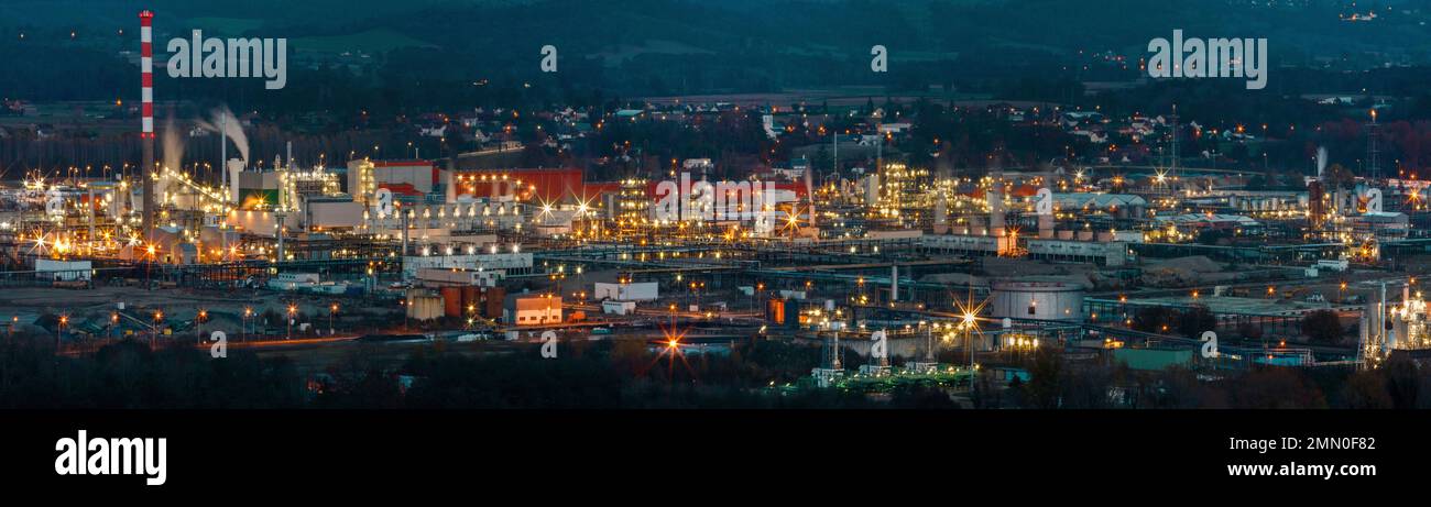 France, Pyrenees Atlantiques, Bearn, Lacq, panoramic night view of the ...