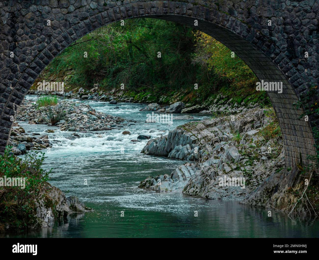 France, Pyrenees Atlantiques, Bearn, Sarrance, arch of a stone bridge ...