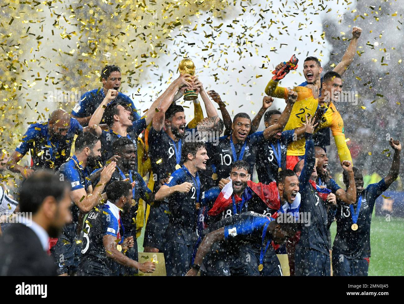 France's Olivier Giroud lifts the trophy after France won 4-2 during ...