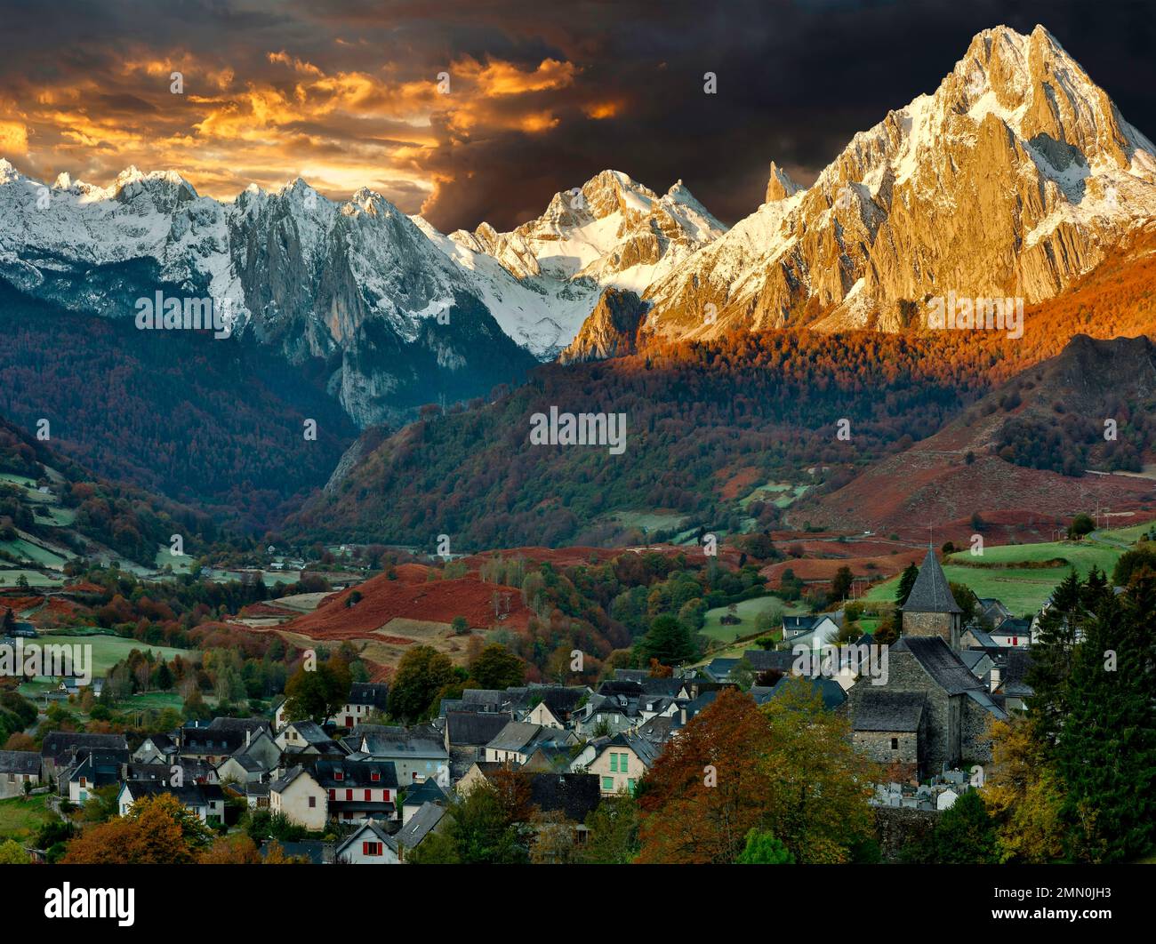 France, Pyrenees Atlantiques, Bearn, Lescun, autumnal view of a ...