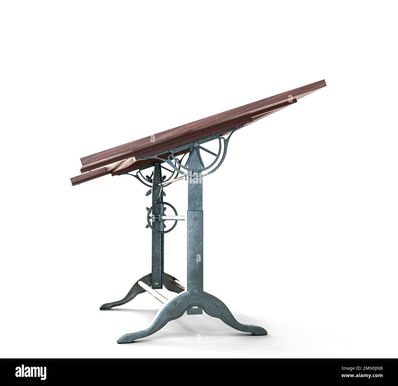 An ornate vintage metal and wood drafting table on an isolate white ...