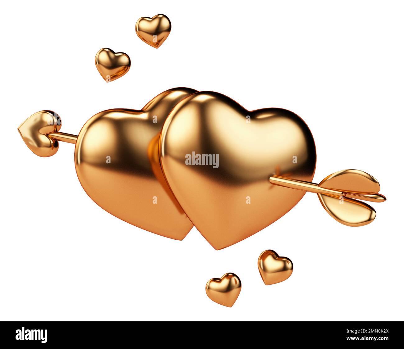 Two golden hearts pierced by an arrow isolated object on a white ...